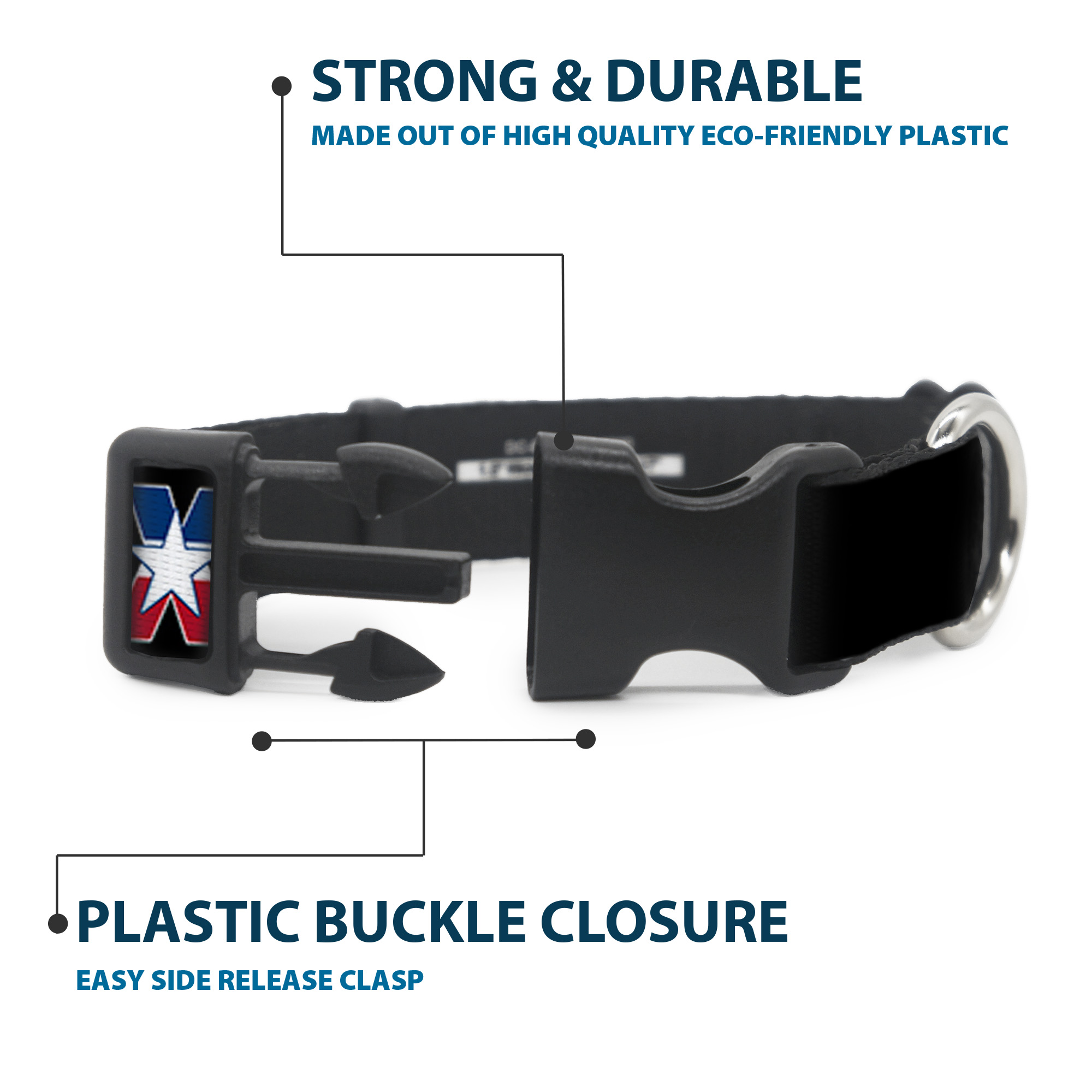 Plastic Clip Collar TEXAS w/Star Black/White/Blue/Red Small 9.5-13" (US ...