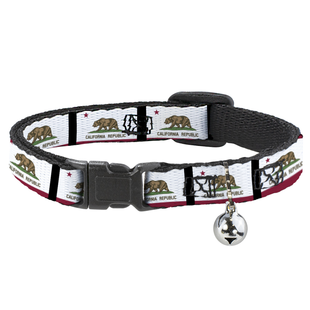 Cat Collar Breakaway with Bell California Flag Repeat/Black NARROW Fits ...
