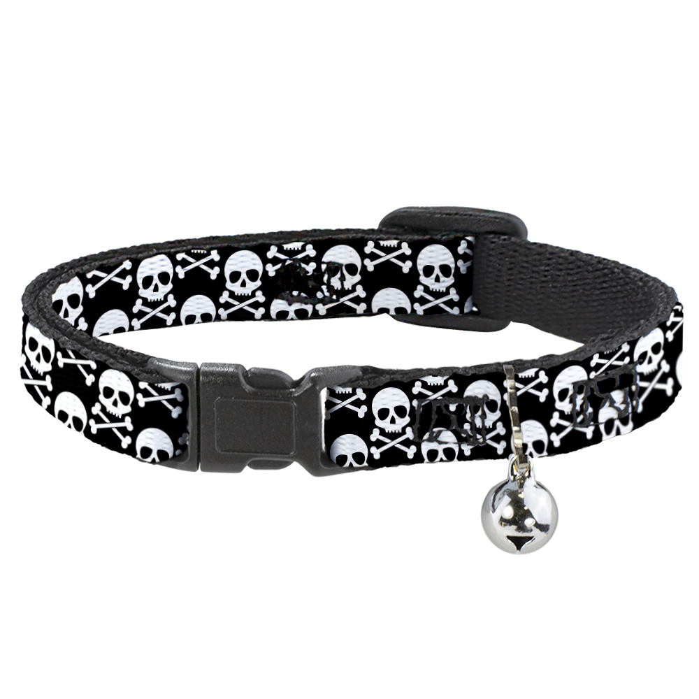 Cat Collar Breakaway with Bell Skull & Cross Bones Staggered Black ...