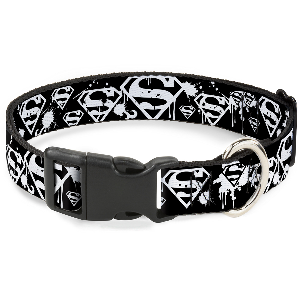 Plastic Clip Collar Superman Shield Splatter Black/White NARROW-Large 9 ...