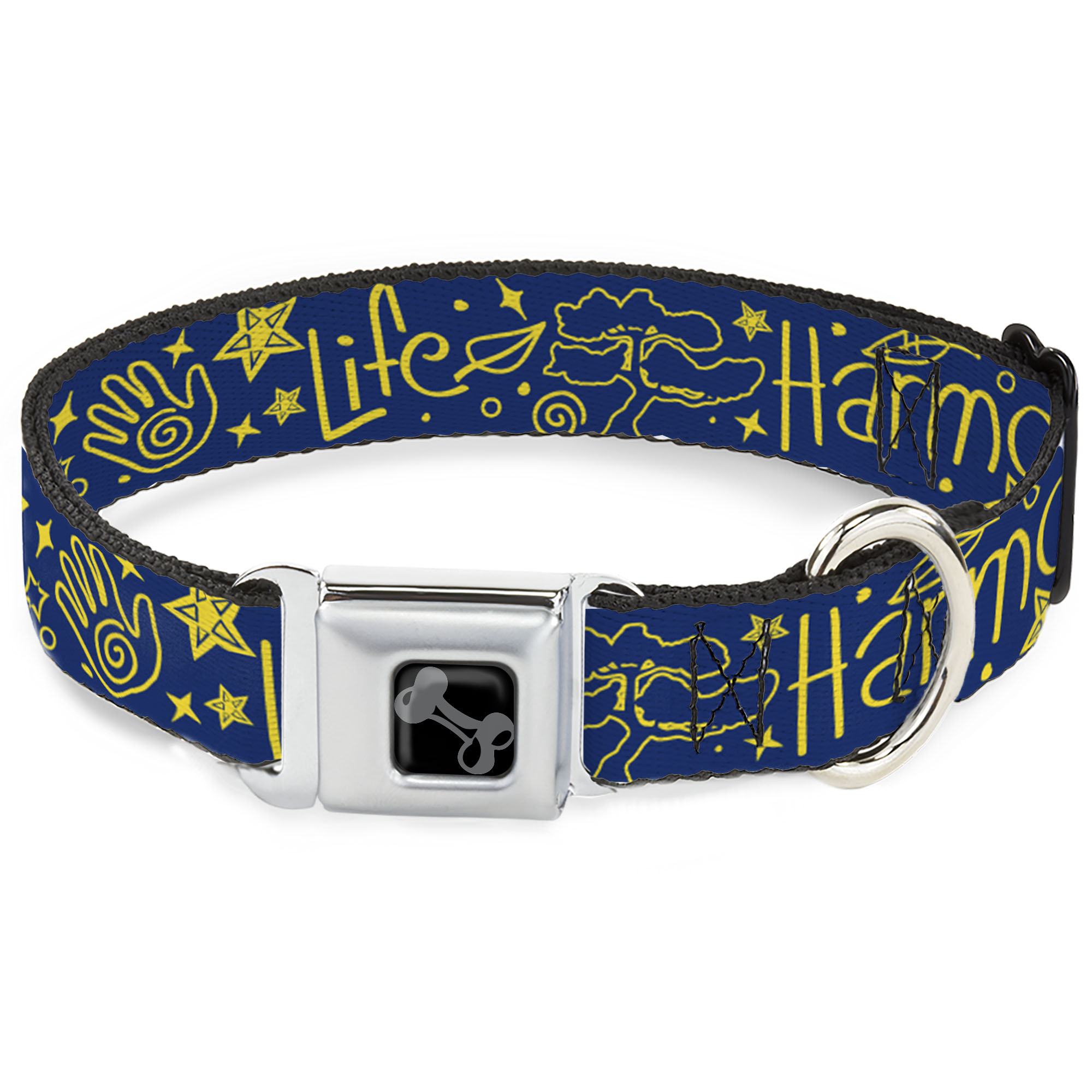 Dog Collar Bone HARMONY BALANCE LIFE Icons Collage Blue/Yellow Medium ...