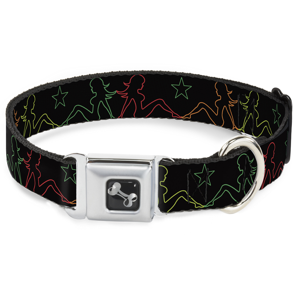 Dog Collar Bone Mud Flap Girls w/Star Outline Black/Multi Color Medi ...
