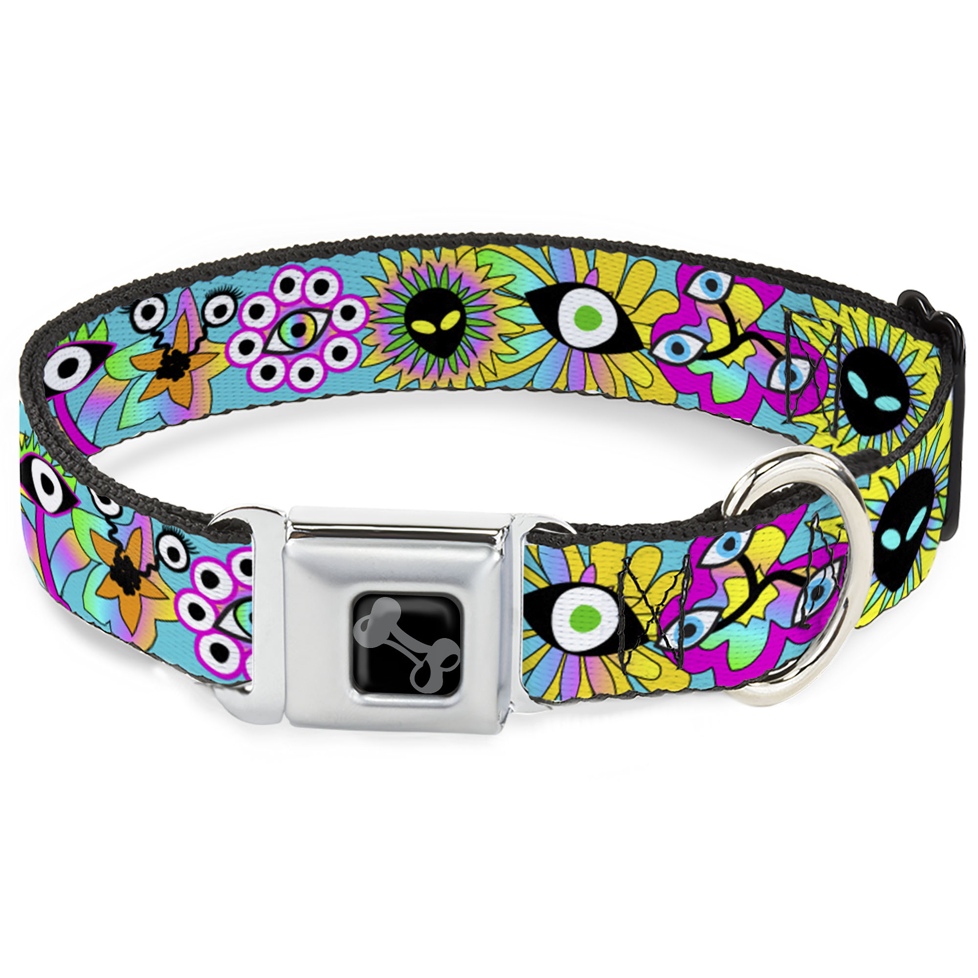 Dog Collar Bone Funky Alien Flowers Aqua Blue/Multi Color WIDE-Small 13 ...