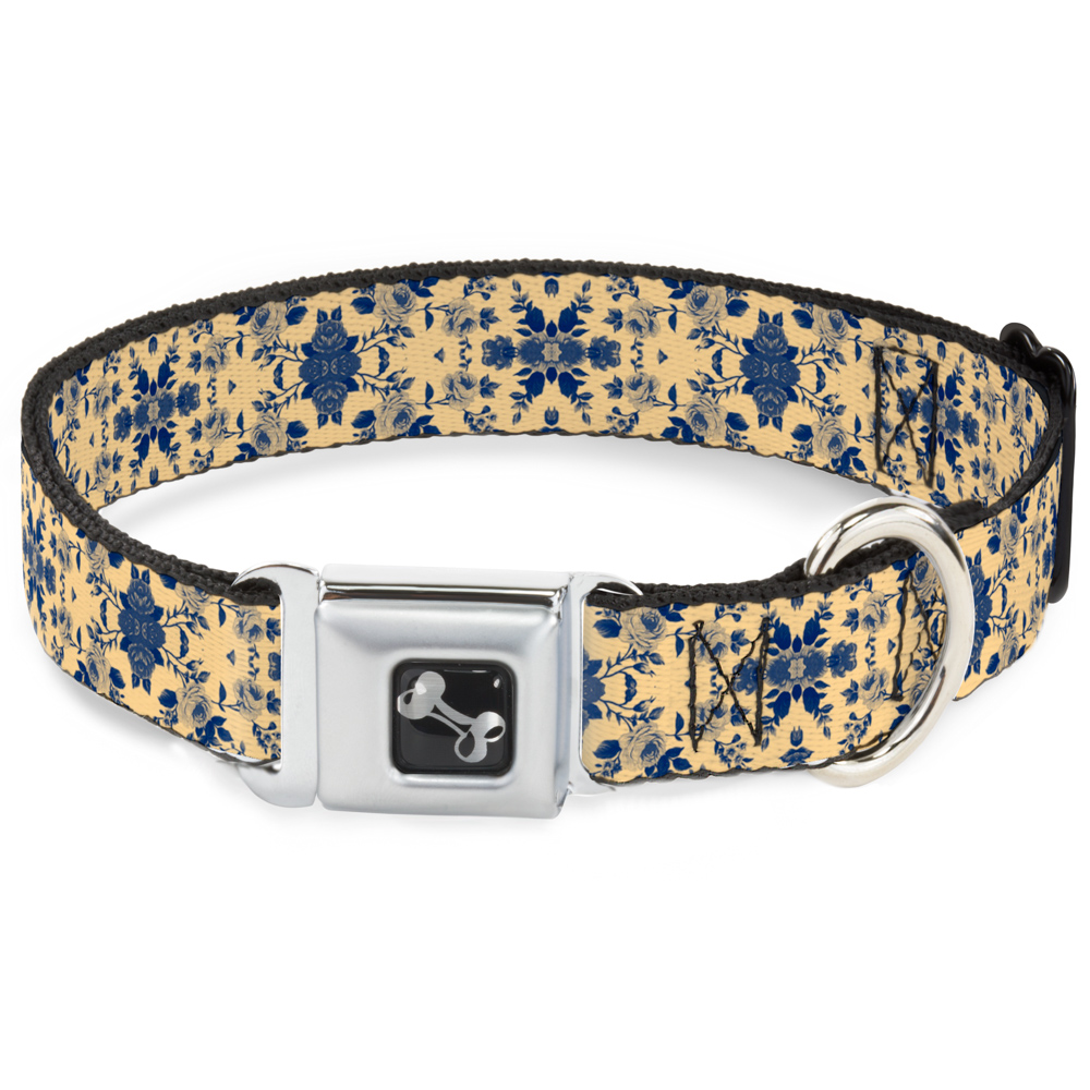 Dog Collar Bone Floral Collage Tan/Blue WIDE-Medium 16-23" (US IMPORT ...