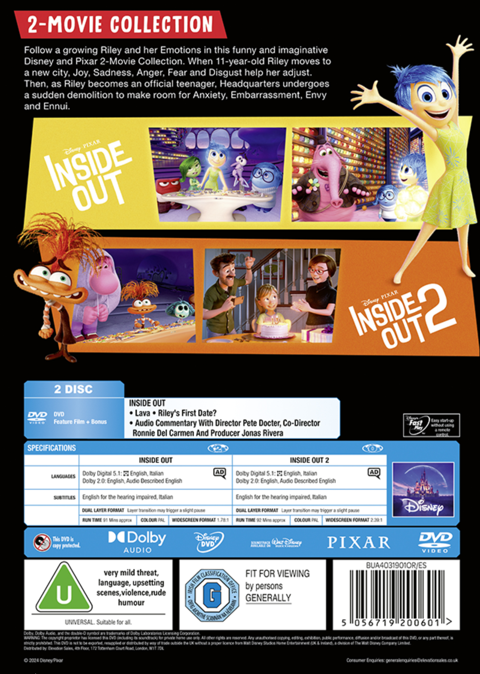 DISNEY PIXAR'S INSIDE Out 2-Movie Collection (DVD) Amy Poehler Bill ...